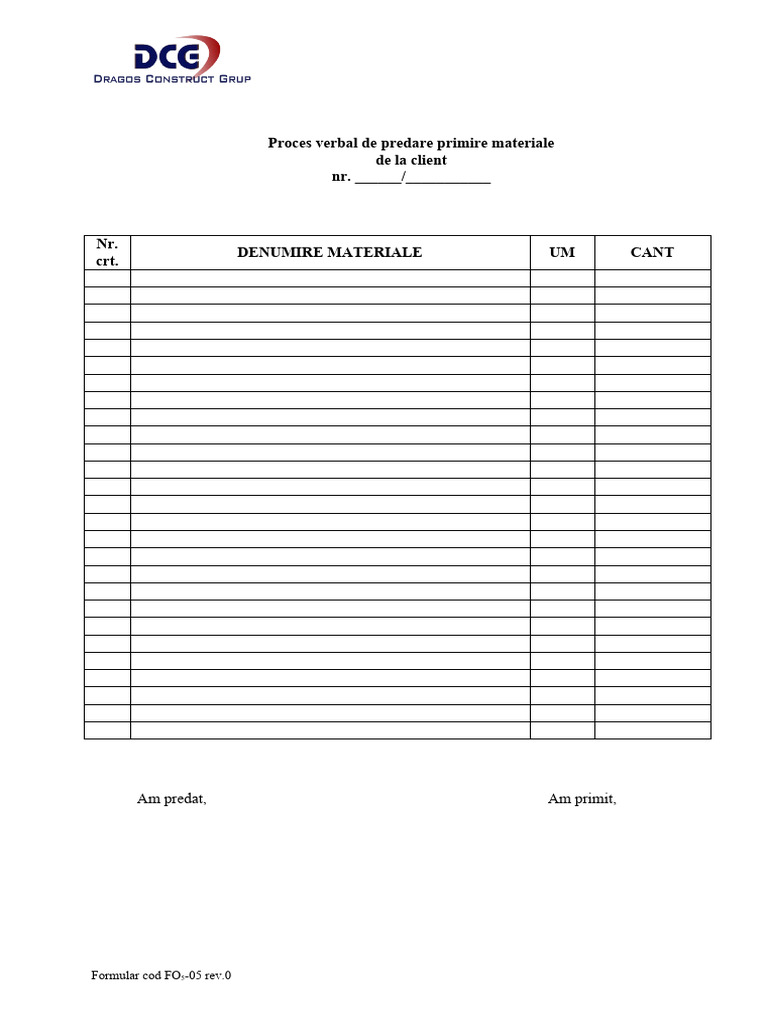 FO5-05 PV Predare Primire Materiale de La Client | PDF