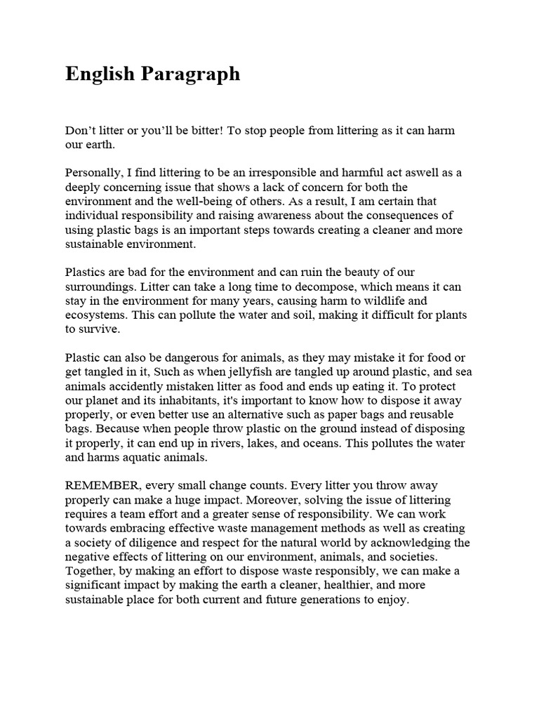 English Paragraph / Essay About Littering | PDF | Natural Environment ...