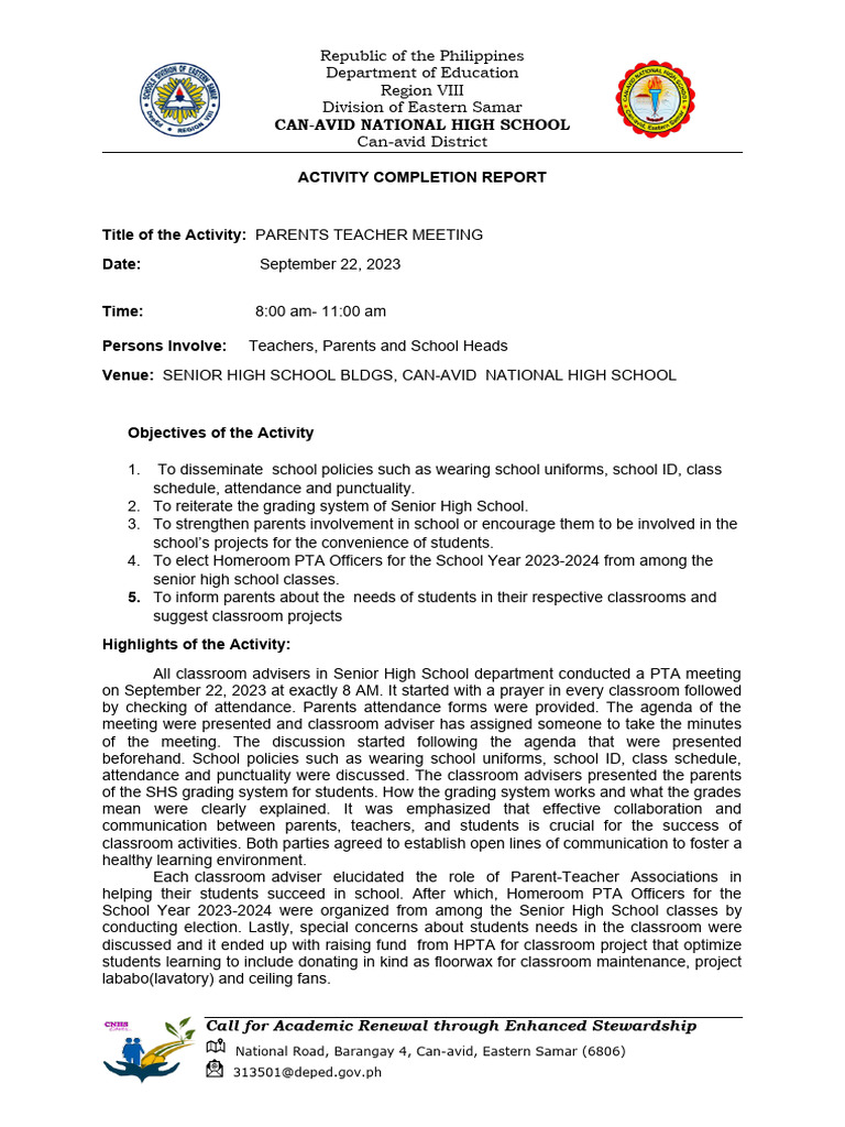 PTA Meeting Activity Report 2023 | PDF