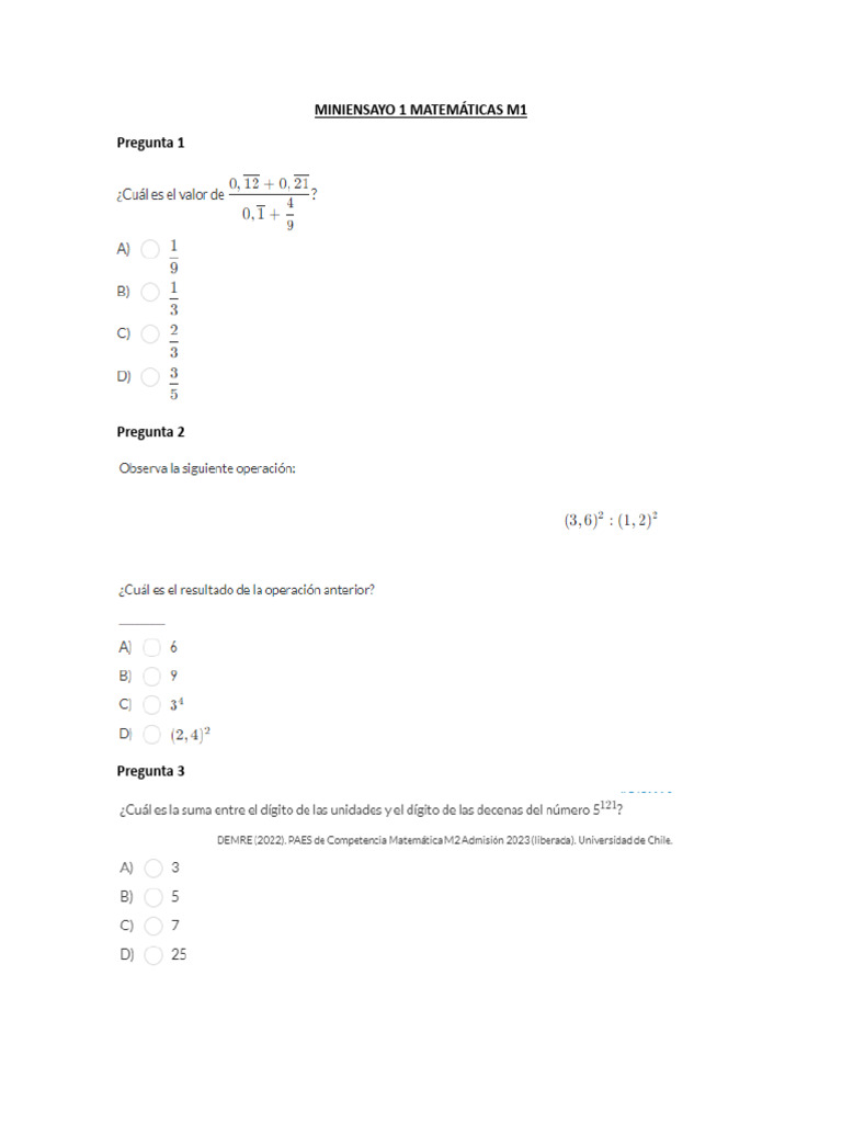 Miniensayo 1 Matemáticas M1 | PDF