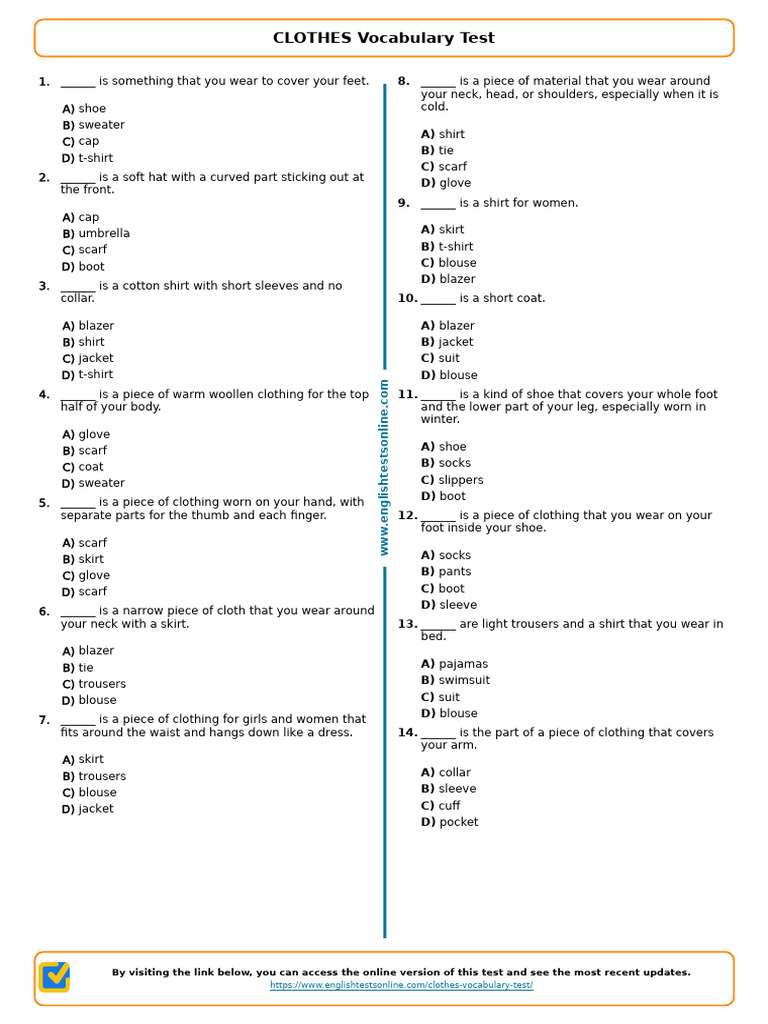 Clothes Vocabulary Test for Students | PDF | Blouse | Shirt