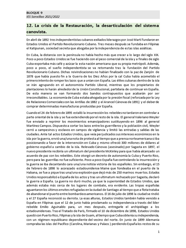 BLOQUE 9-Crisis de la Restauración Borbónica | PDF | Cuba | España