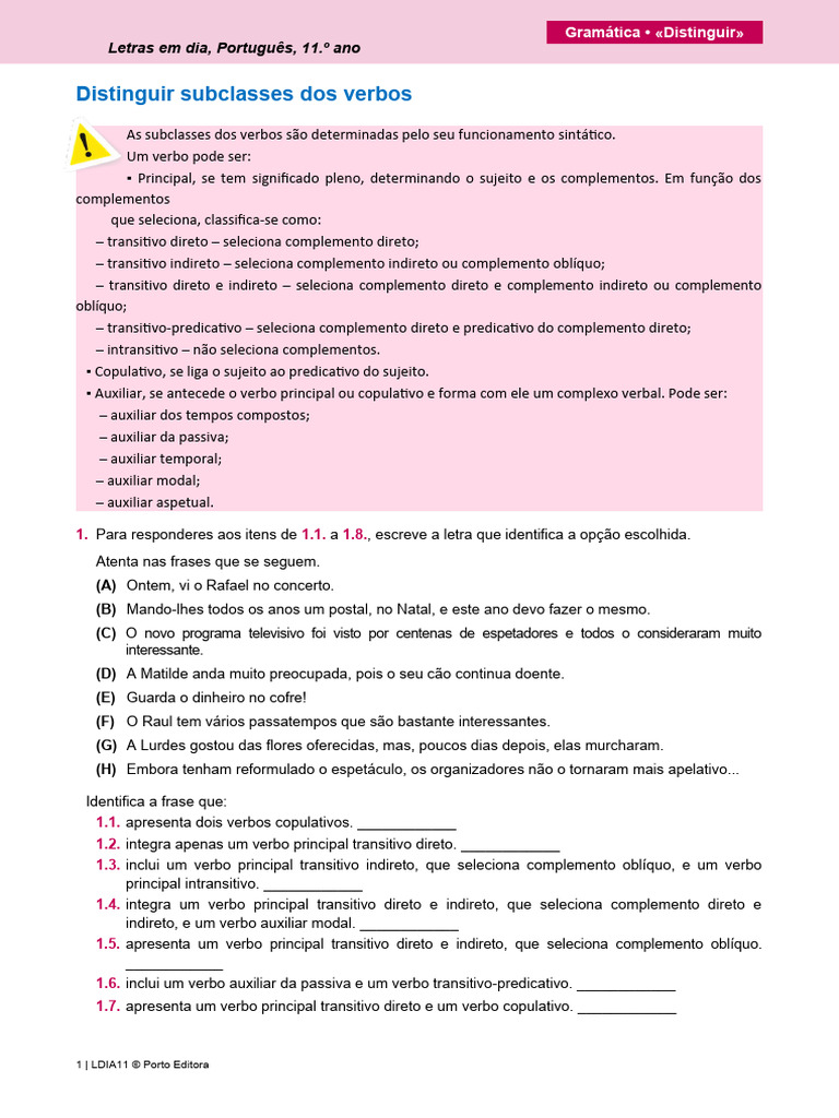Ldia11 Gramatica Distinguir Subclasse Verbos | PDF | Assunto (gramática) | Sintaxe
