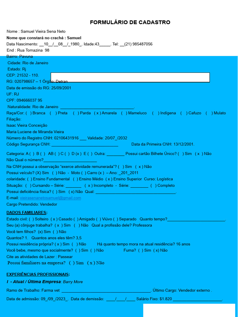 Formulário Cadastro Padrão ATZ PDF | Download grátis PDF | Brasil
