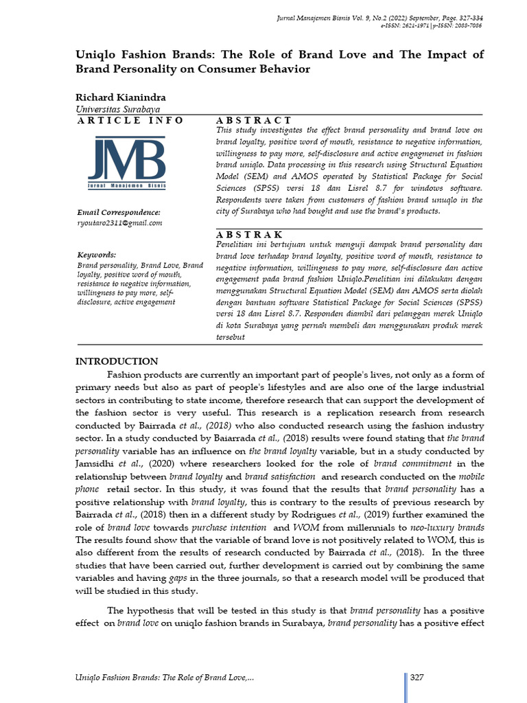 Uniqlo Fashion Brands: The Role of Brand Love and The Impact of Brand ...