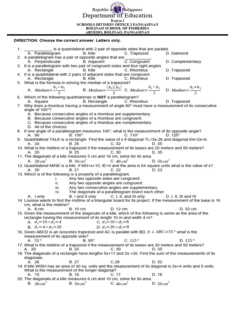 Math 9 3rd Quiz 1 | PDF | Rectangle | Area