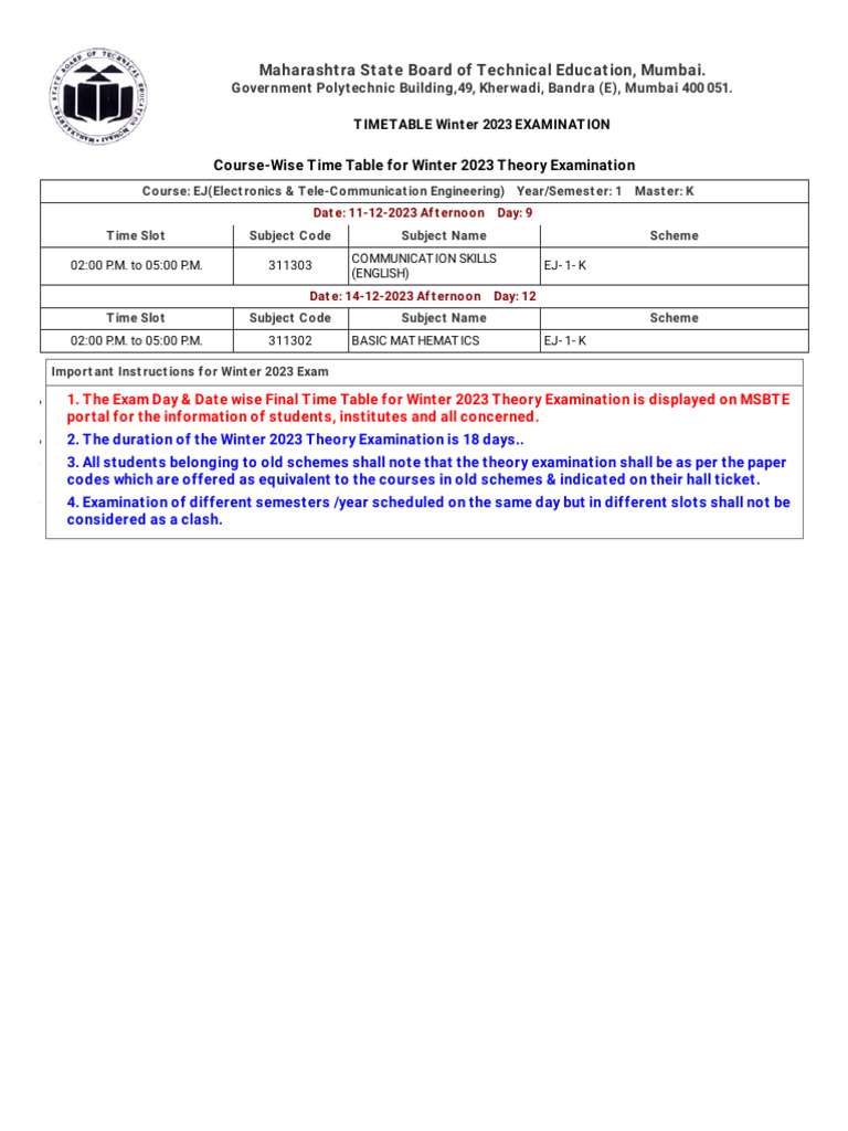 Time Table For Winter 2023 Theory Examination | PDF