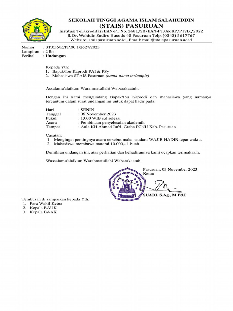 Surat Undangan Pembinaan Penyelesaian Akademik 03-11-2023 STAIS | PDF