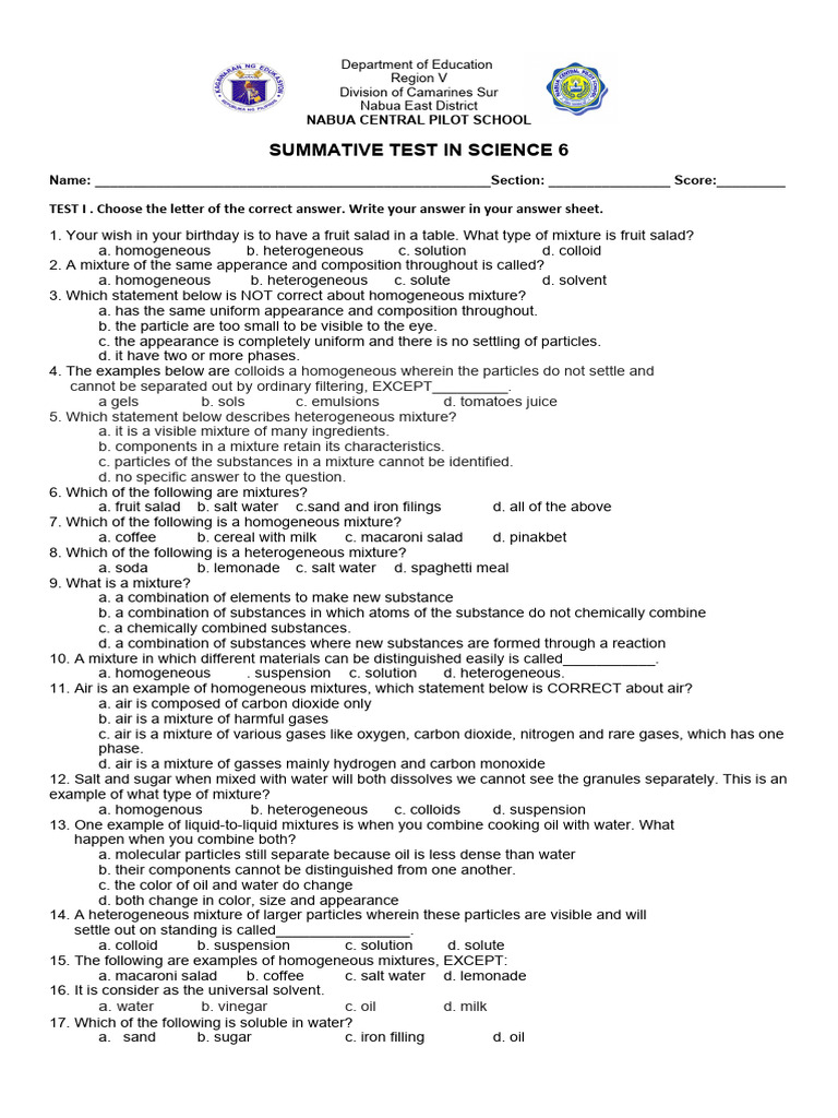 Science Summative Test Q1 Mixtures | PDF | Mixture | Suspension (Chemistry)