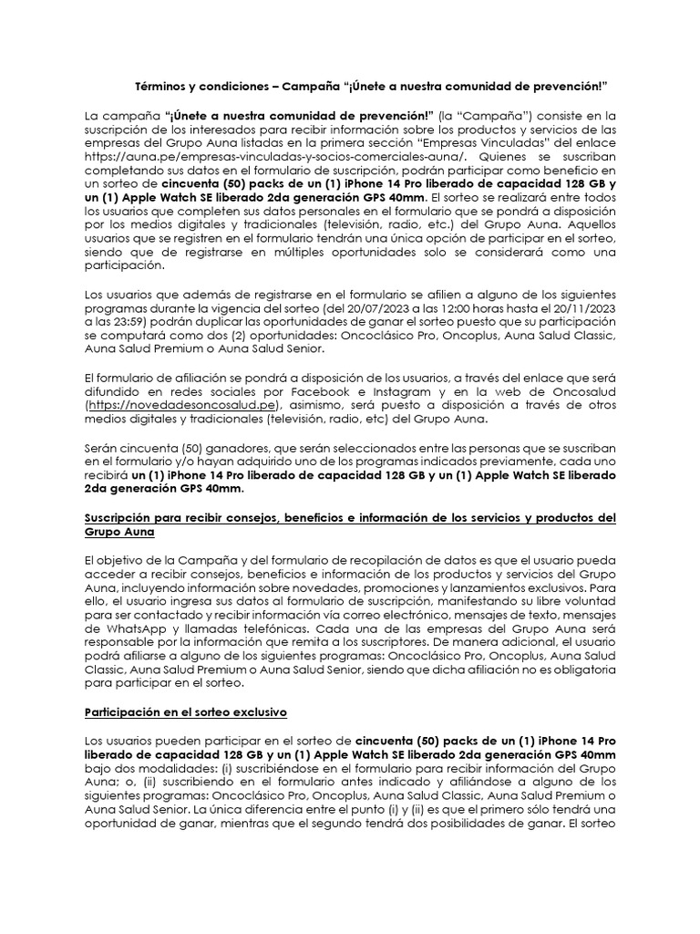 Términos y Condiciones - Sorteo Pack | PDF | Yo telefono | Apple Inc.