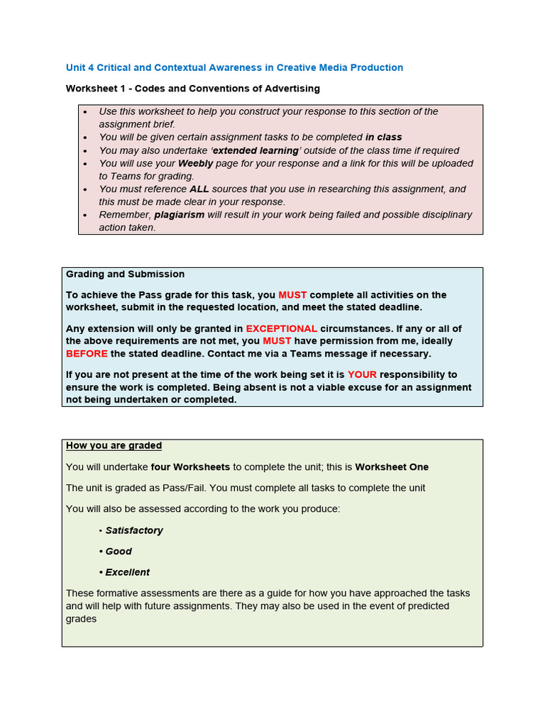 Worksheet 1 - Codes and Conventions of Advertising 2023-24 | PDF ...