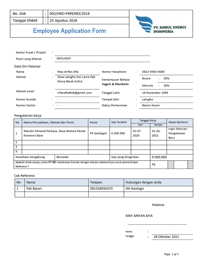 002.HRD-REI - Formulir Aplikasi Karyawan Baru | PDF