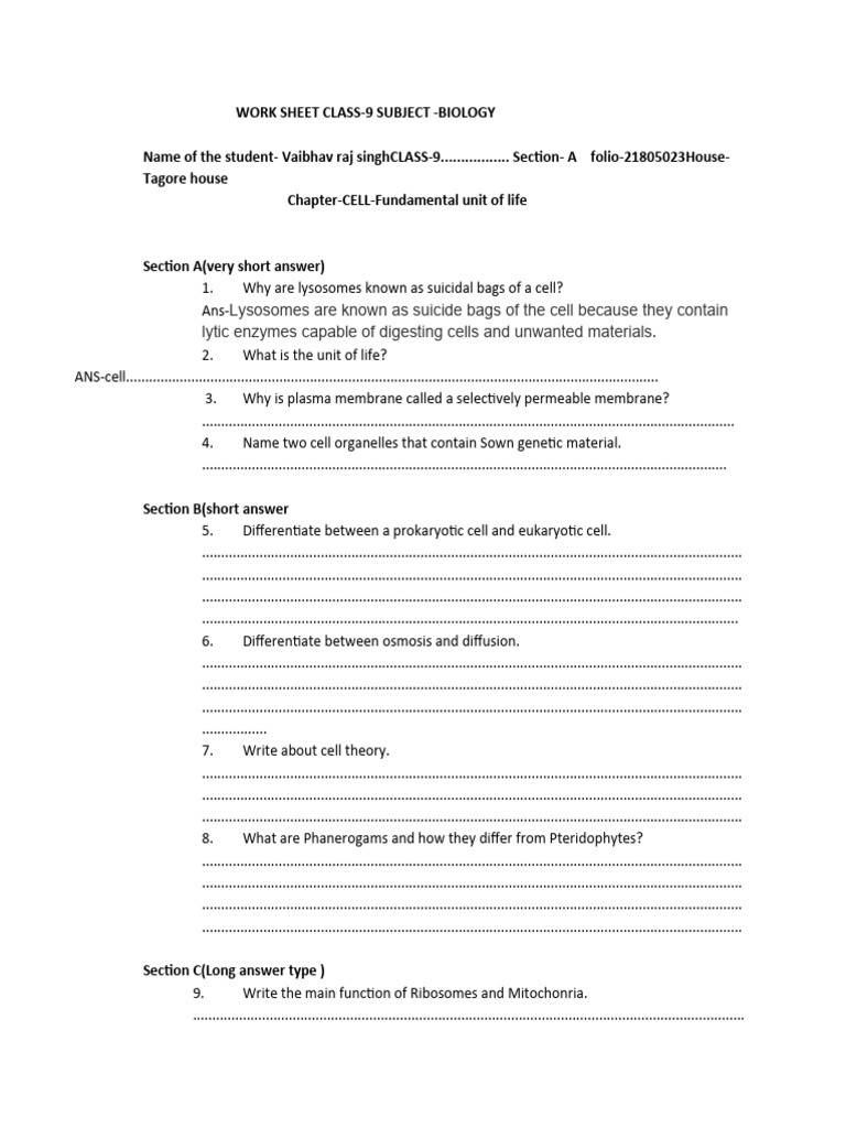 Work Sheet Class 9 Bio For Google Classroom | PDF | Cell (Biology ...