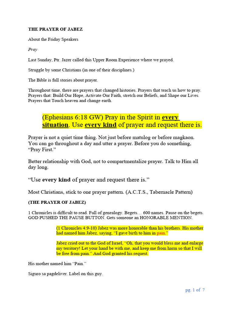 The Prayer of Jabez - Message Outline | PDF | Prayer | Glory (Religion)