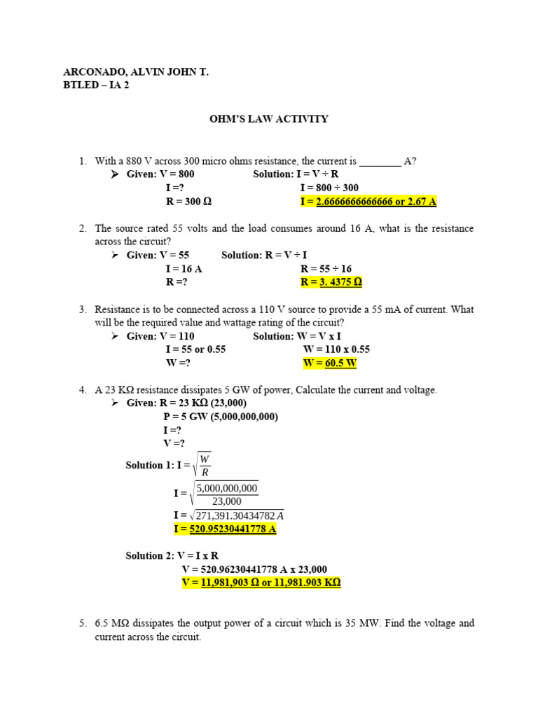 Ohm's Law Activity | PDF | Volt | Electrical Resistance And Conductance