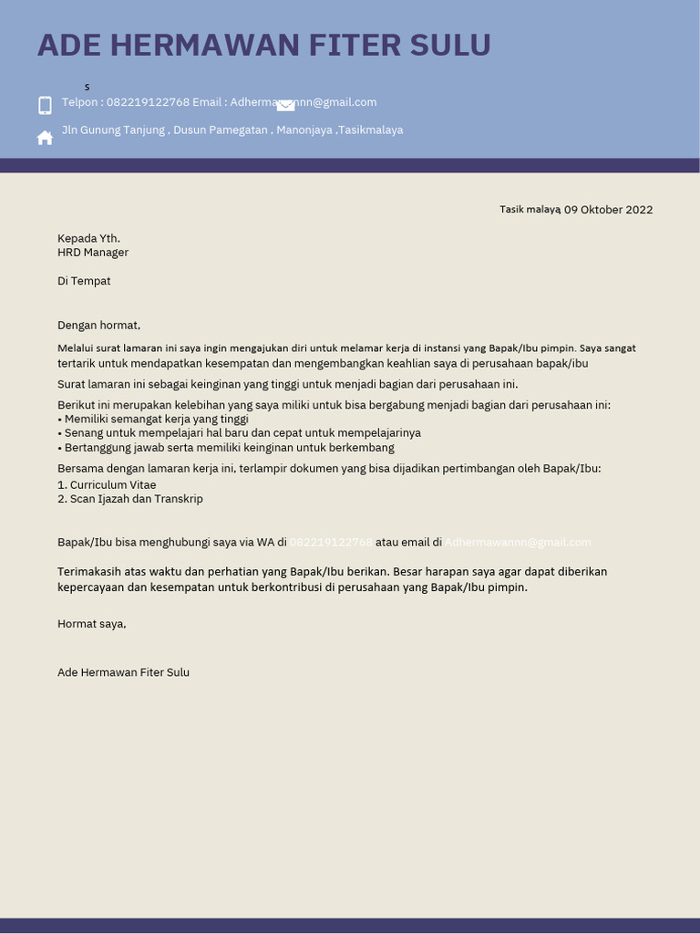 Surat Lamaran Kerja Ade Hermawan | PDF