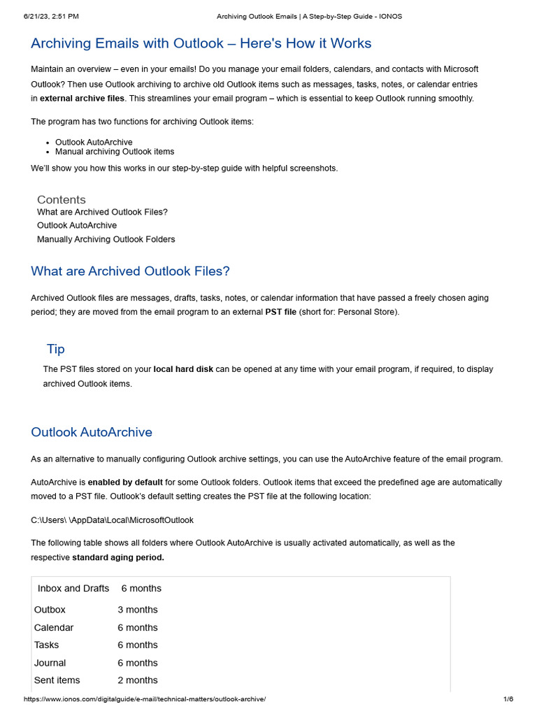 Archiving Outlook Emails - A Step-by-Step Guide - IONOS | PDF | Microsoft Outlook | Computer File