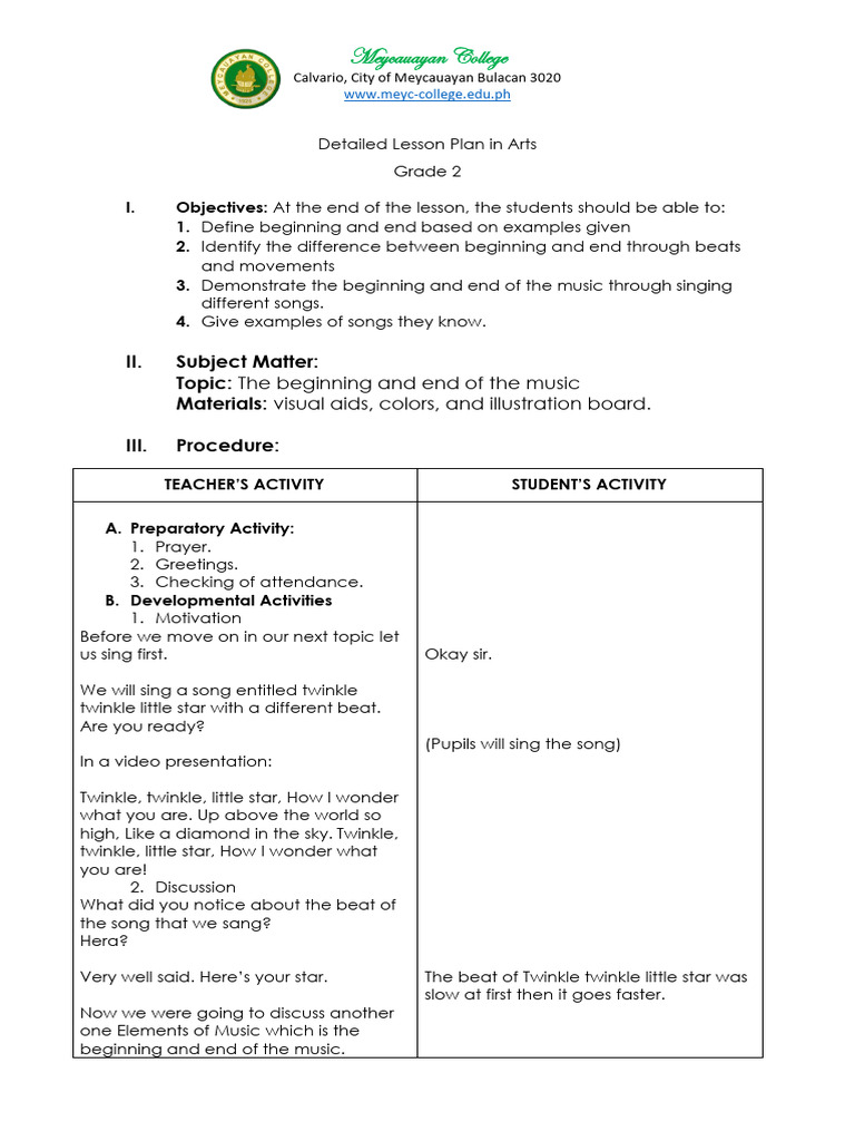 Detailed Lesson Plan Music 2 | PDF | Rhythm | Lesson Plan