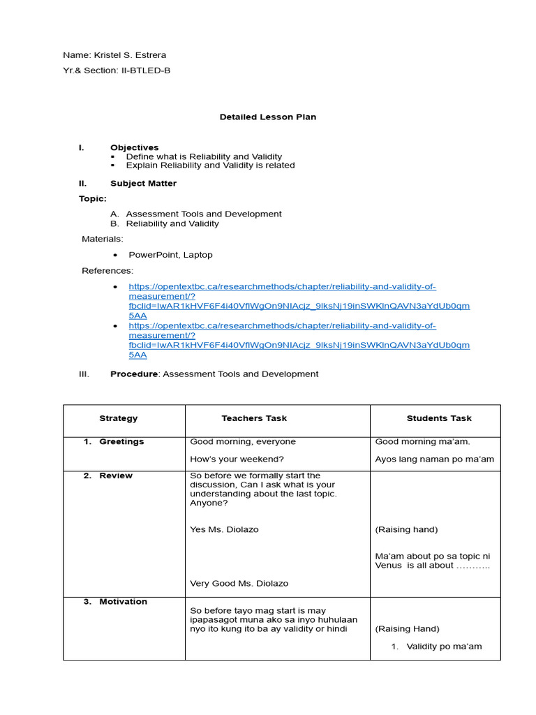 Lesson Plan | PDF | Validity (Statistics) | Psychology