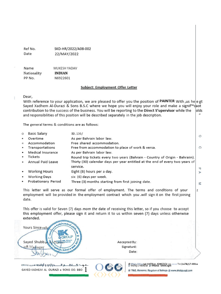 SKD Bahrain Employment Offer Letter | PDF | Economies | Social Policy