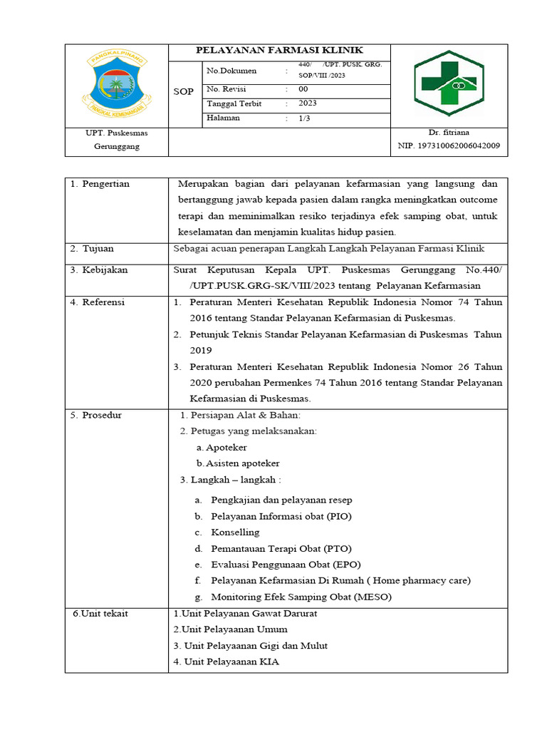 Sop Pelayanan Farmasi Klinik | PDF | Pengembangan Diri | Kesehatan Holistik