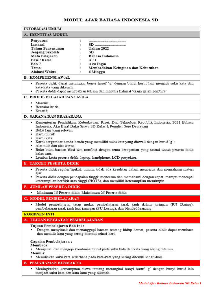 Modul Ajar Bahasa Indonesia Kelas 1 BAB 7 Aku Ingin Masih Perlu Diedit Karena Salah BAB 6 | PDF