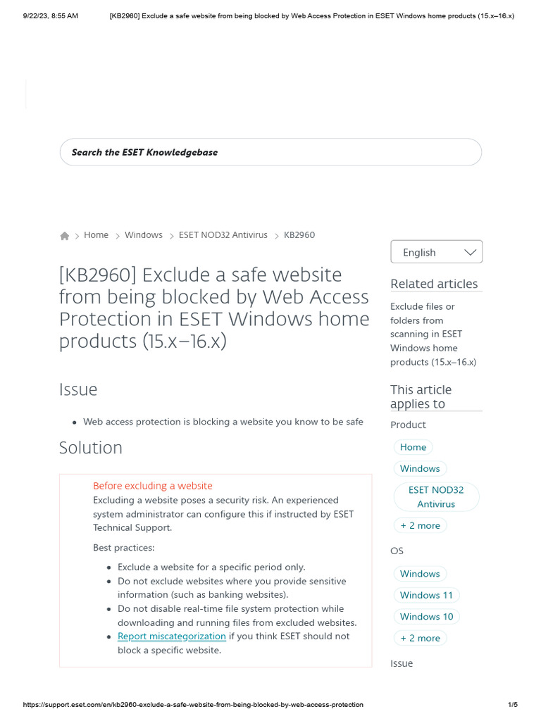 KB2960) Exclude A Safe Website From Being Blocked by Web Access Protection in ESET | PDF | World ...