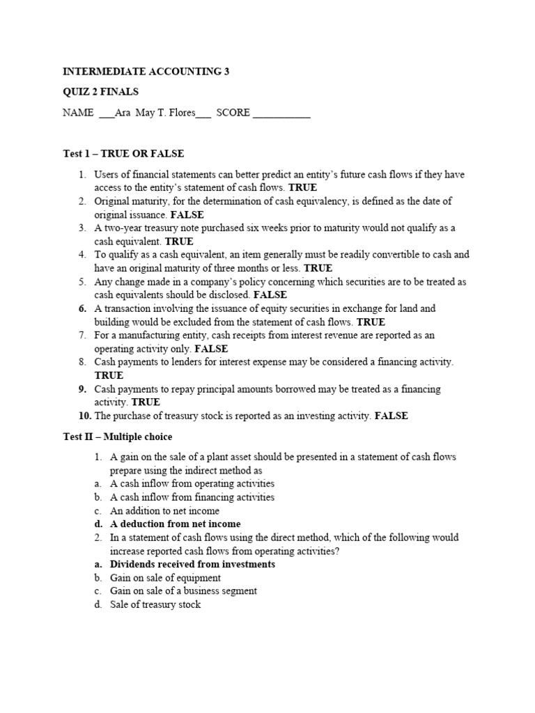 Intermediate Accounting Quiz 2 | PDF | Cash Flow Statement | Equity ...
