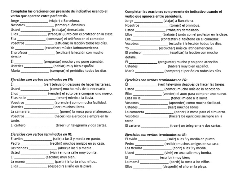 310545488 Ejercicios Verbos Regulares Espanol AR ER IR | PDF