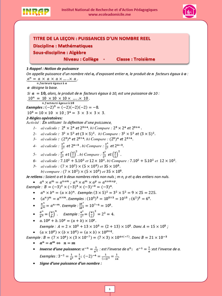 Puissances des Nombres Réels en 3ème | PDF | Multiplication | Concepts ...