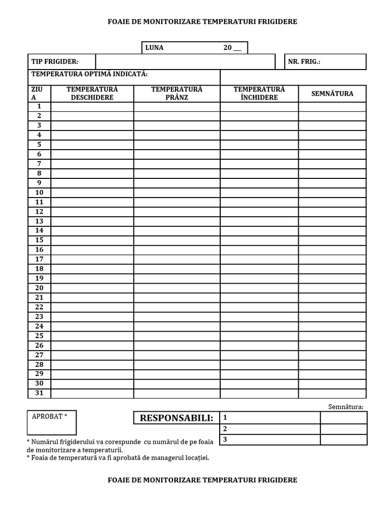 Foaie de Monitorizare Temperaturi Frigidere | PDF