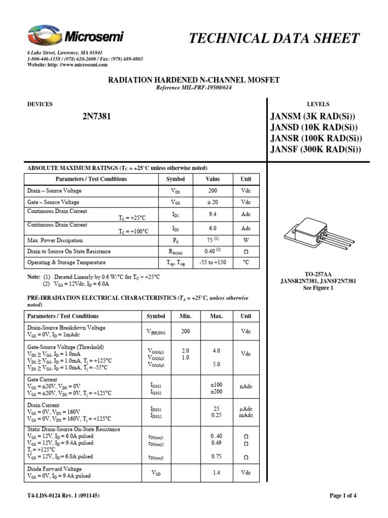 Technical Data Sheet: 2N7381 JANSM (3K RAD (Si) ) Jansd (10K RAD (Si ...