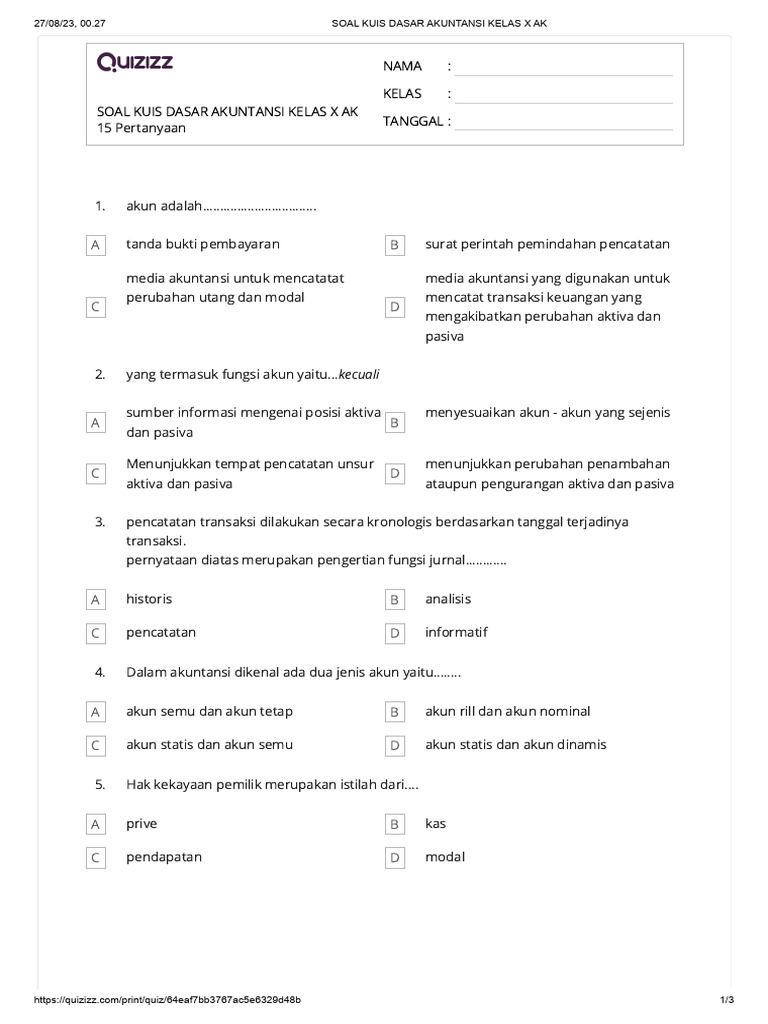Soal Kuis Dasar Akuntansi Kelas X Ak | PDF