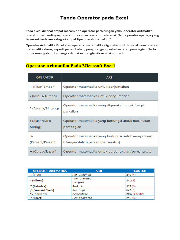 Tanda Operator Pada Excel | PDF