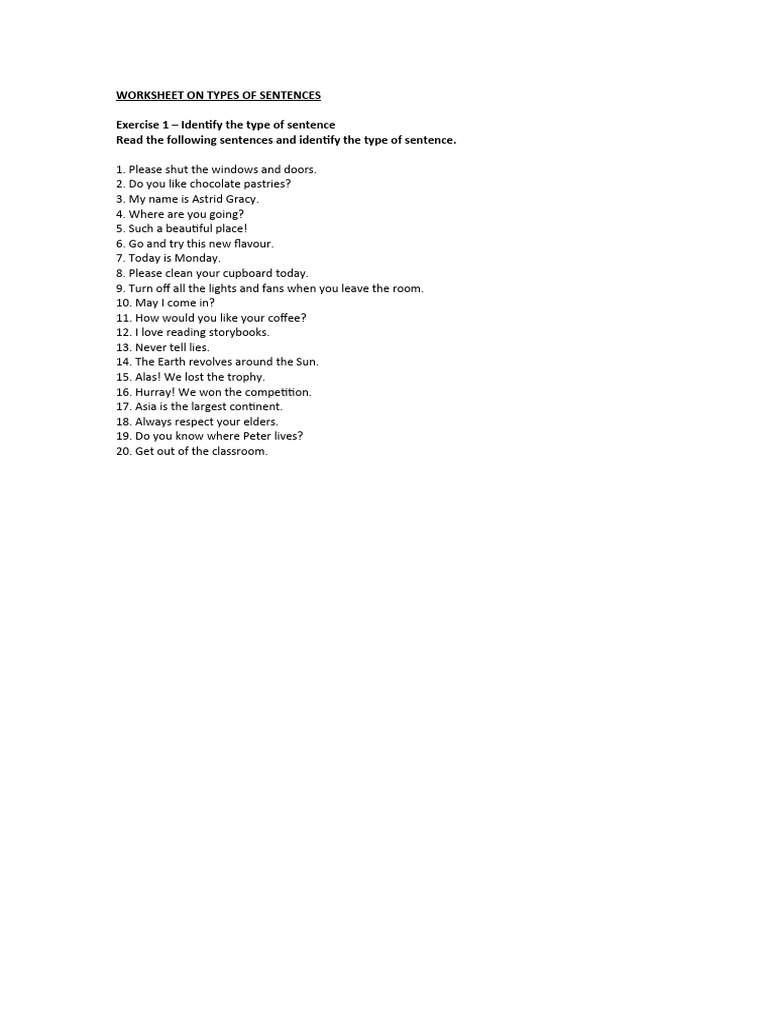 Types of Sentences Worksheet | PDF