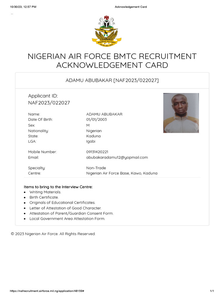 Nigerian Air Force BMTC Recruitment Acknowledgement Card: ADAMU ...