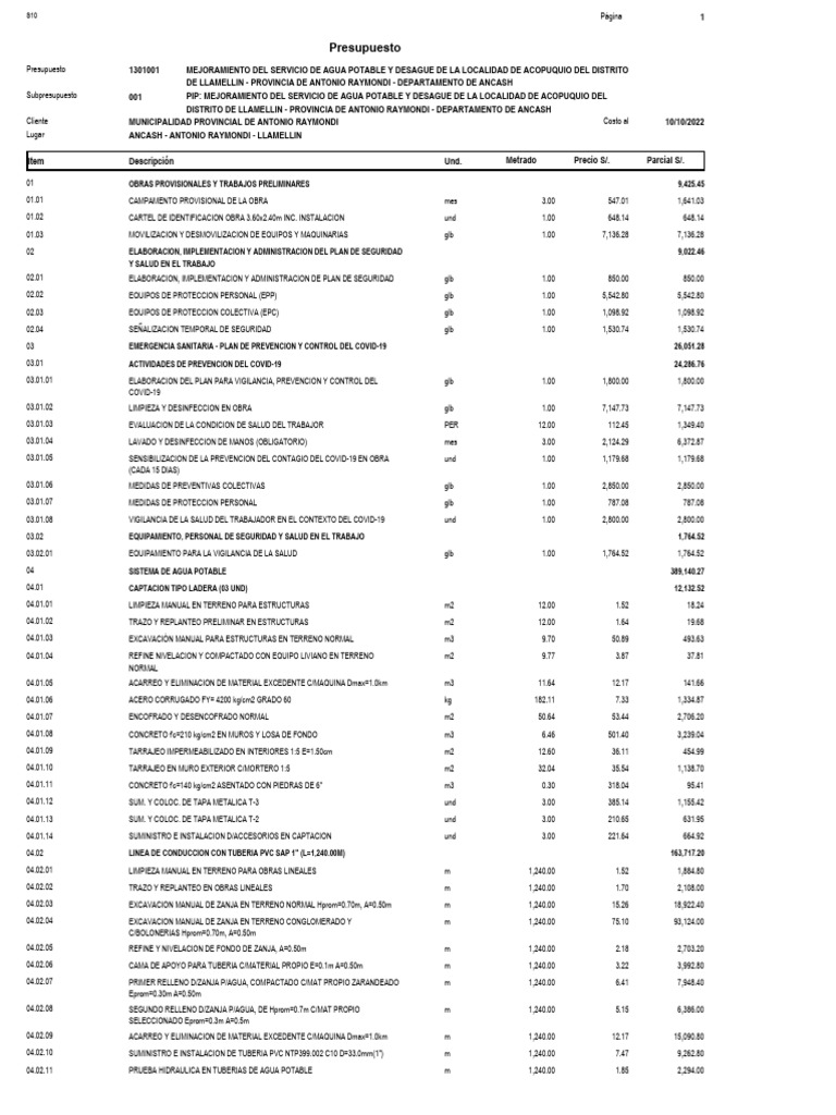 Presupuesto Acopuquio | PDF | Hormigón | Ingeniero civil