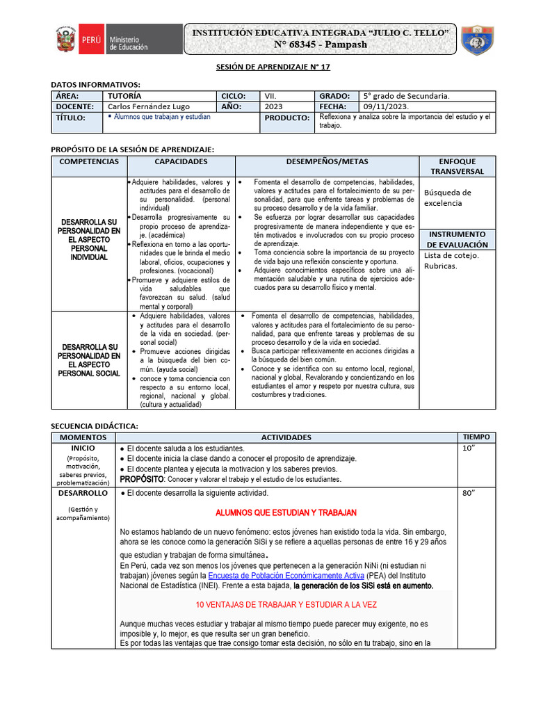 Sesión de Aprendizaje N 17 Toe | PDF | Aprendizaje | Evaluación