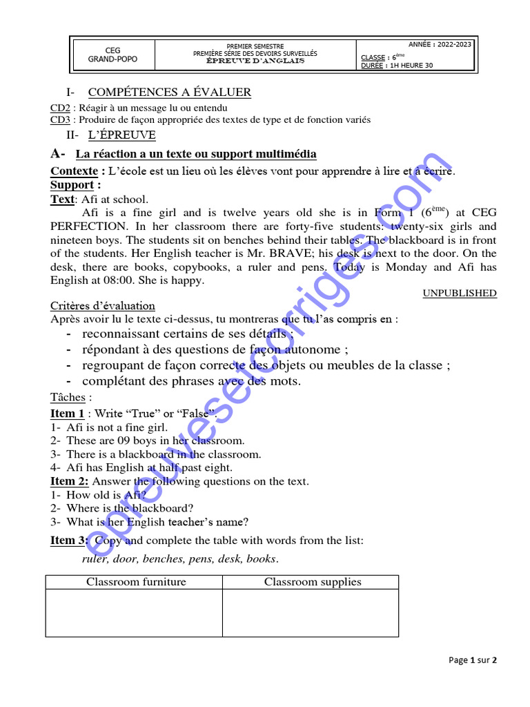Anglais 6eme, Premier Devoir Du Premier Semestre 2022-2023 Ceg Grand-Popo | PDF
