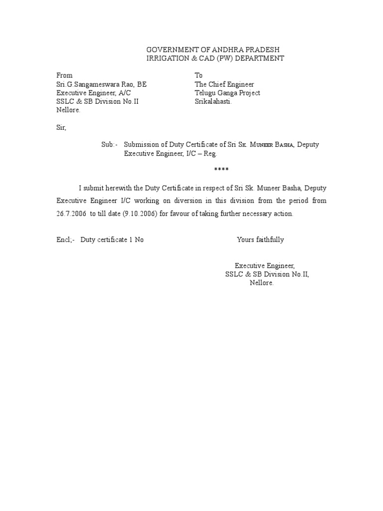 Duty Certificate of SK Muneer Basha | PDF | Leisure