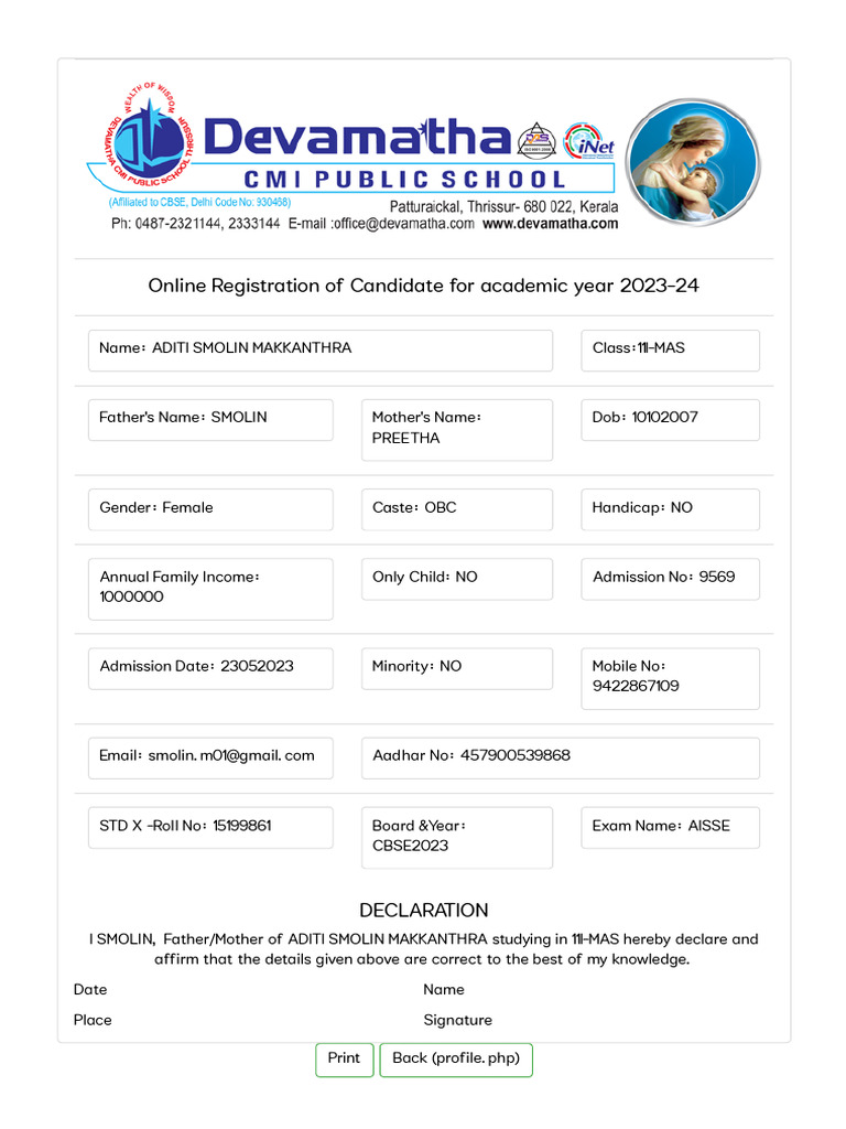 Devamatha CMI Public School Thrissur | PDF