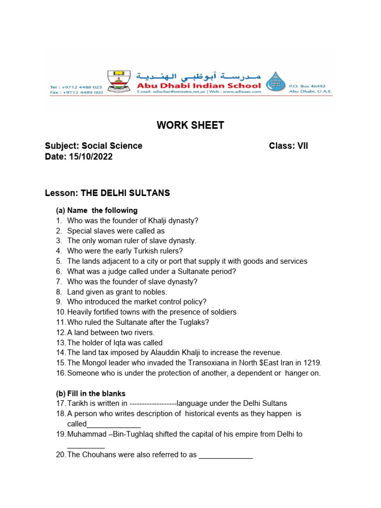 The Delhi Sultans-Class 7 Worksheet | PDF