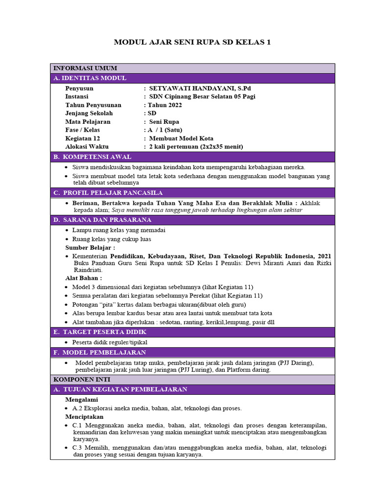 Modul Ajar Seni Rupa SD Kelas 1 | PDF