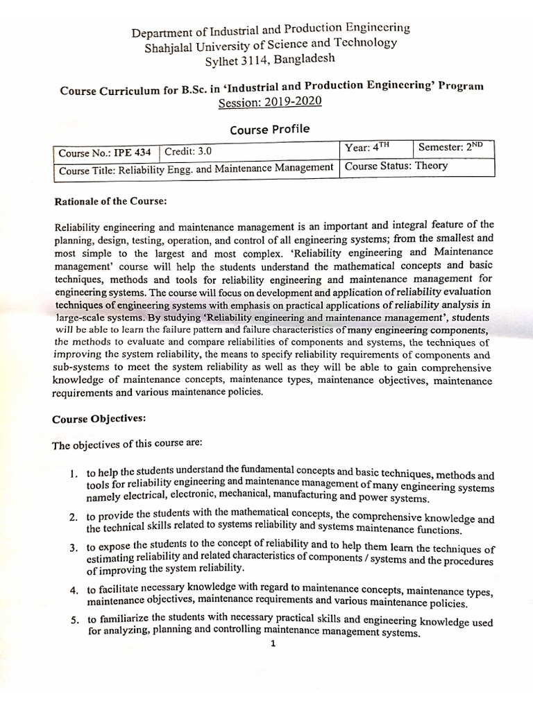 Reliability X Sheet 01 Course Outline | PDF