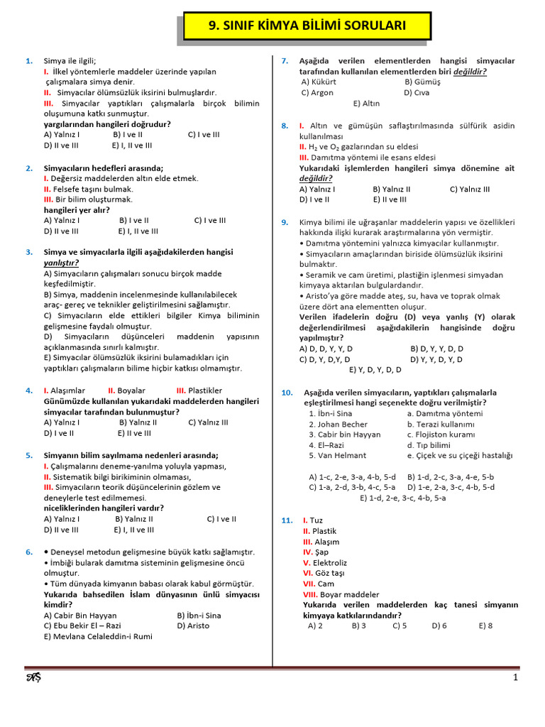 Sinif Ki̇mya Bi̇li̇mi̇ Sorulari-Nş | PDF