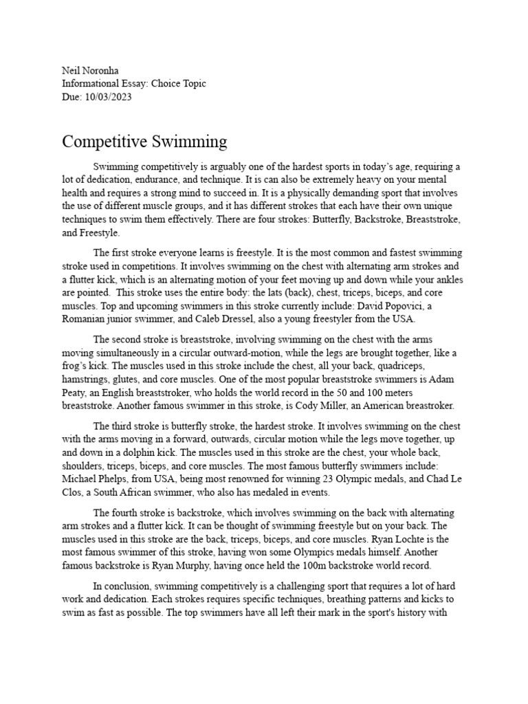 Informational Essay - Swimming - Neil Noronha | PDF | Swimming (Sport ...