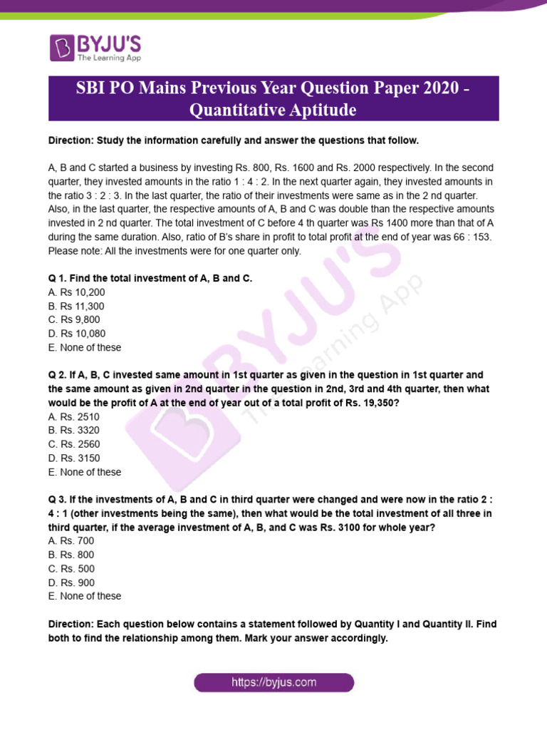 SBI PO Mains Previous Year Question Paper 2020 Quantitative Aptitude ...