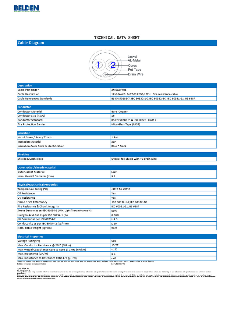 Zm6acff01 (1px16awg MGT, XLP, Os, LSZH BS 6387, en 50288-7 500V) | PDF ...