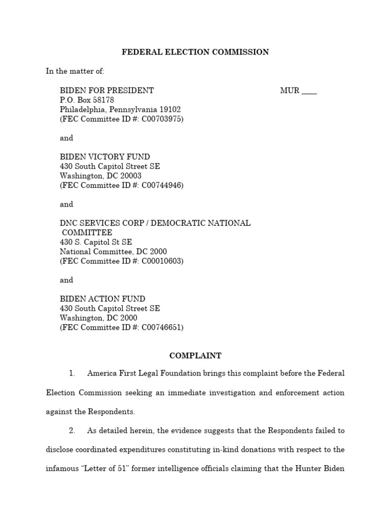America First Legal Foundation FEC Complaint | PDF | Joe Biden ...