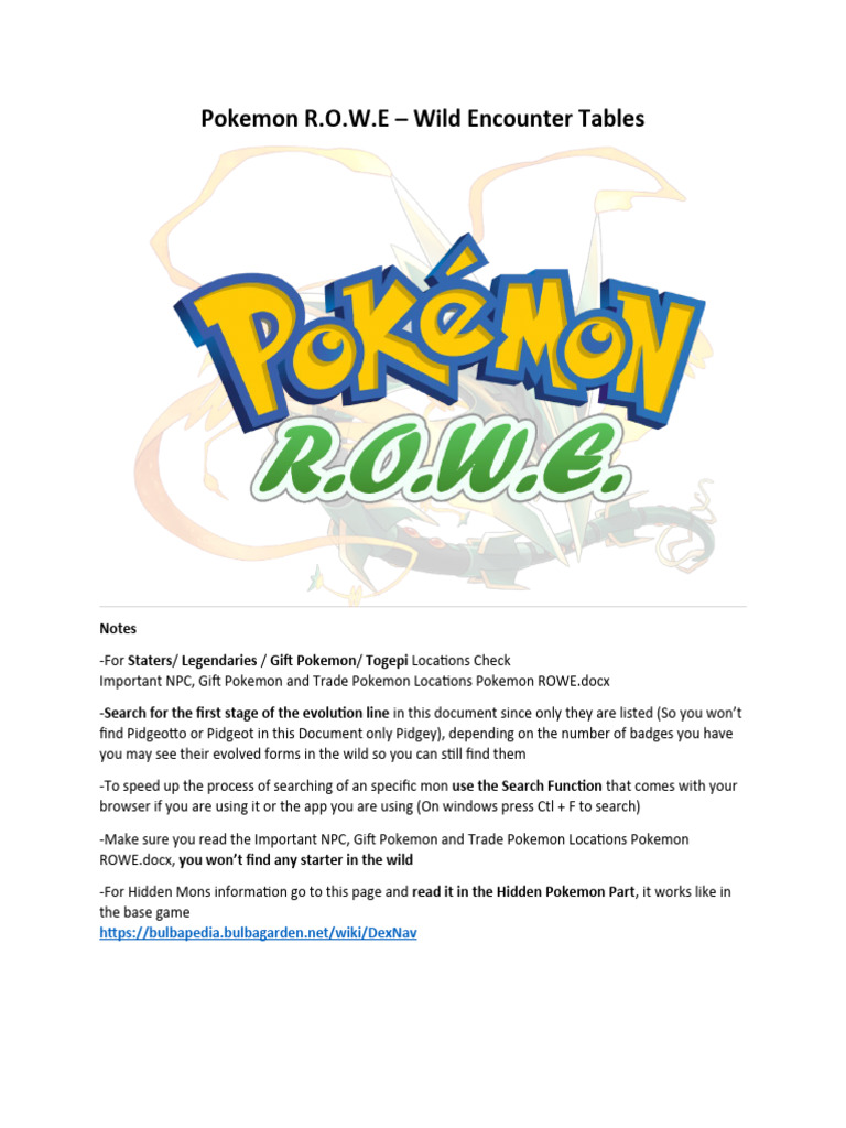 Pok俶on ROWE - Wild Encounter Tables | PDF | Physical Geography | Cave